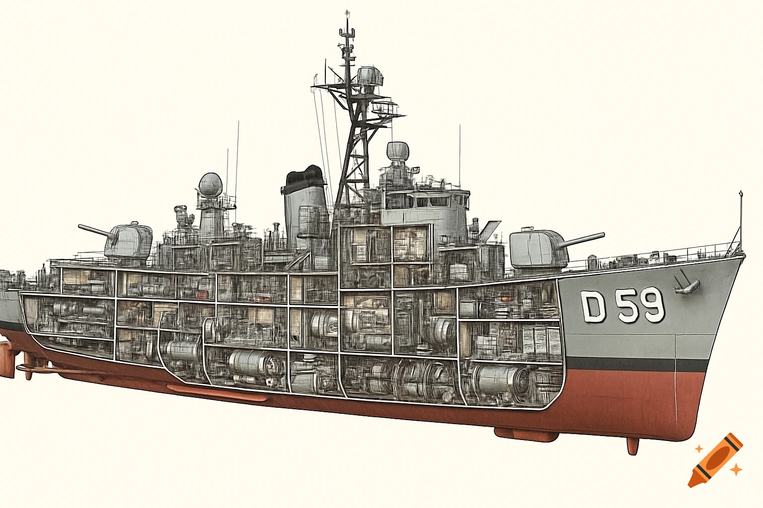 Technical drawing cutaway of a Vigil class destroyer ship showing ...