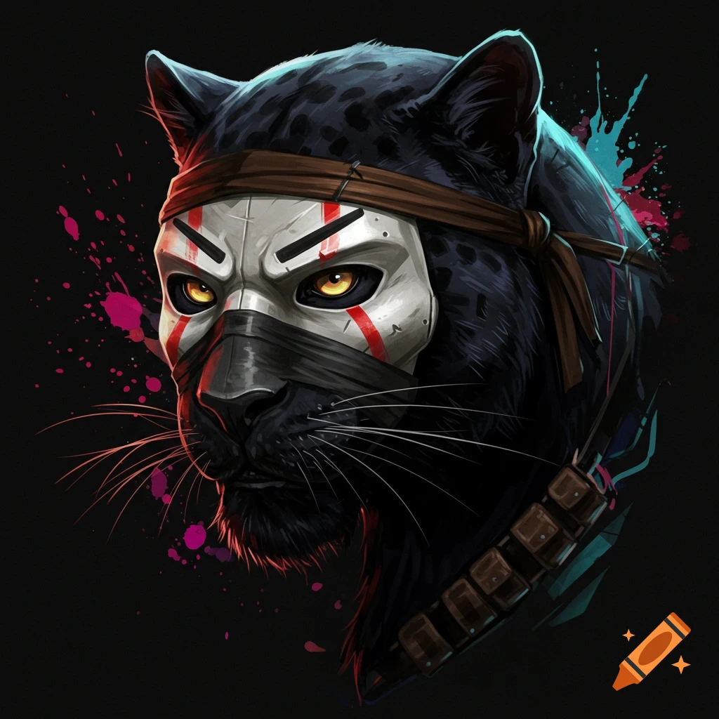 Headshot of a black panther wearing a white mask with red markings and a brown headband. on Craiyon
