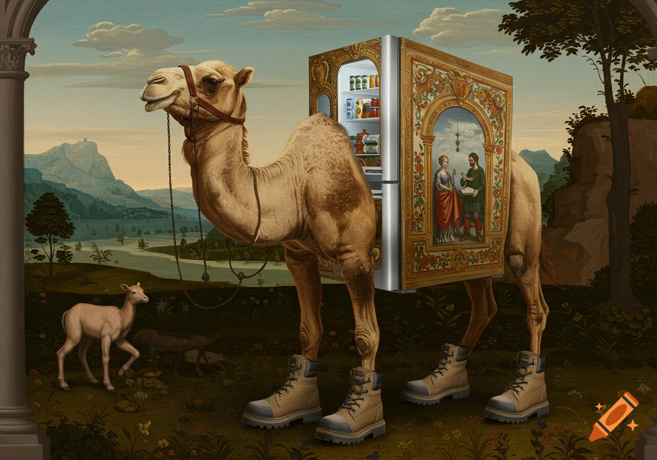 A camel with a fridge for a body wears construction boots in a ...