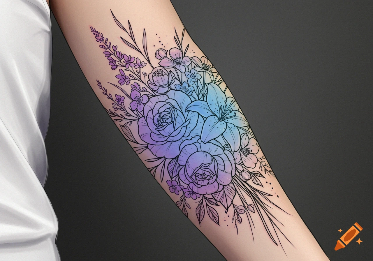 Line art tattoo of flowers with gradient color on an arm on Craiyon