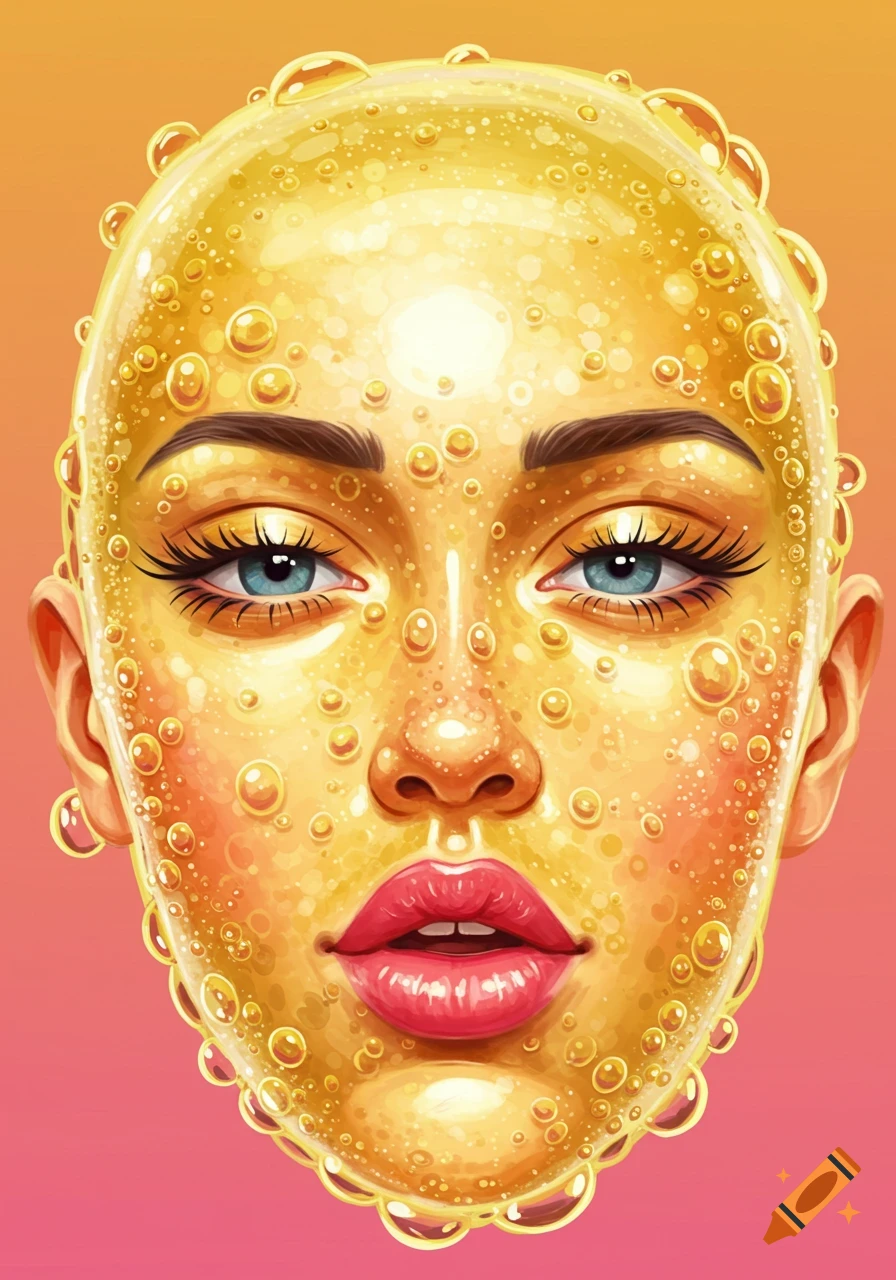Stylized portrait of a face covered in shiny bubbles. on Craiyon