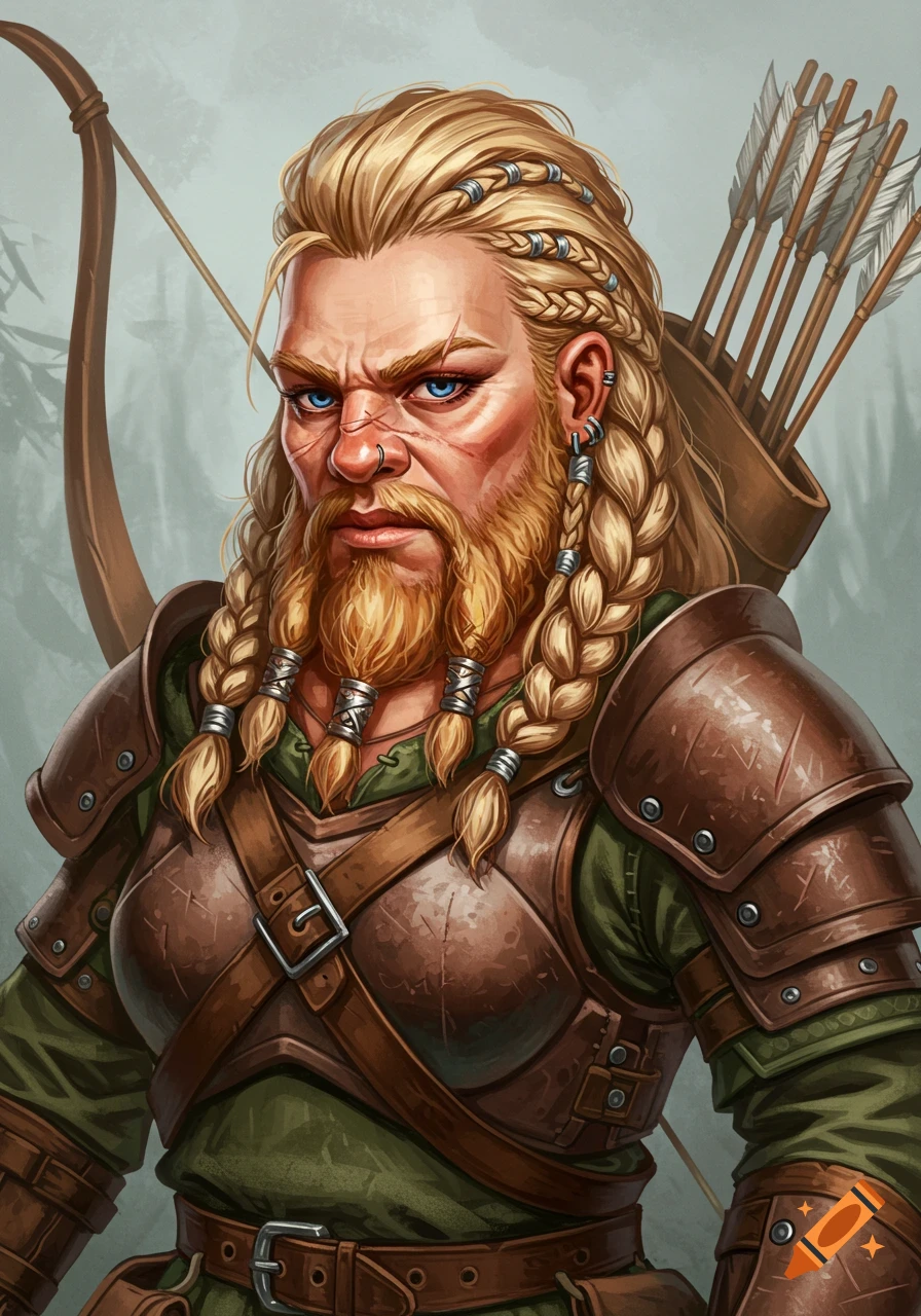 Portrait of a blonde dwarf ranger with beard, armor, bow, and arrows ...