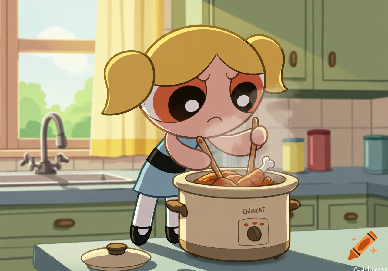 Cartoon of a Powerpuff Girl cooking chicken in a slow cooker in a ...