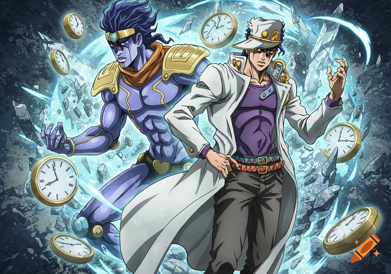 Anime Illustration Of Jotaro Kujo And Star Platinum Using Time Stop