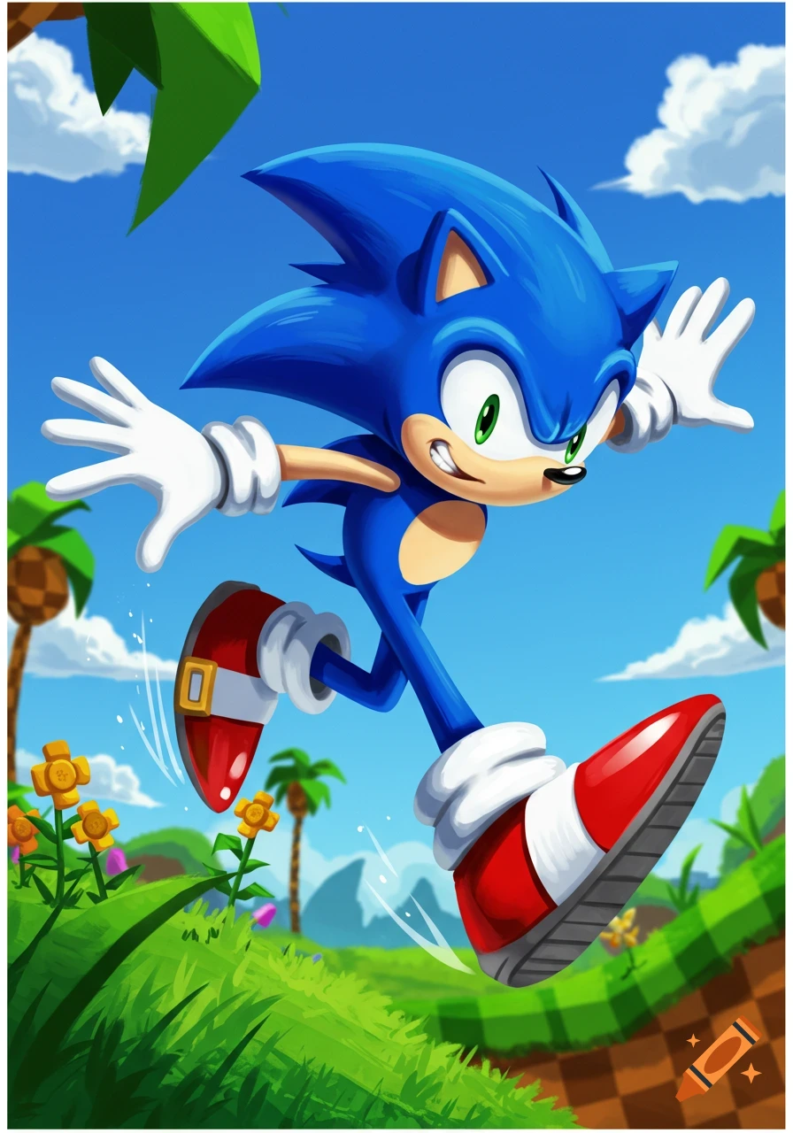 Sonic the Hedgehog runs and jumps through a grassy landscape under a ...