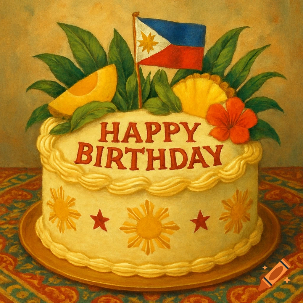 A birthday cake decorated with a Filipino flag, fruit, and flowers, in ...