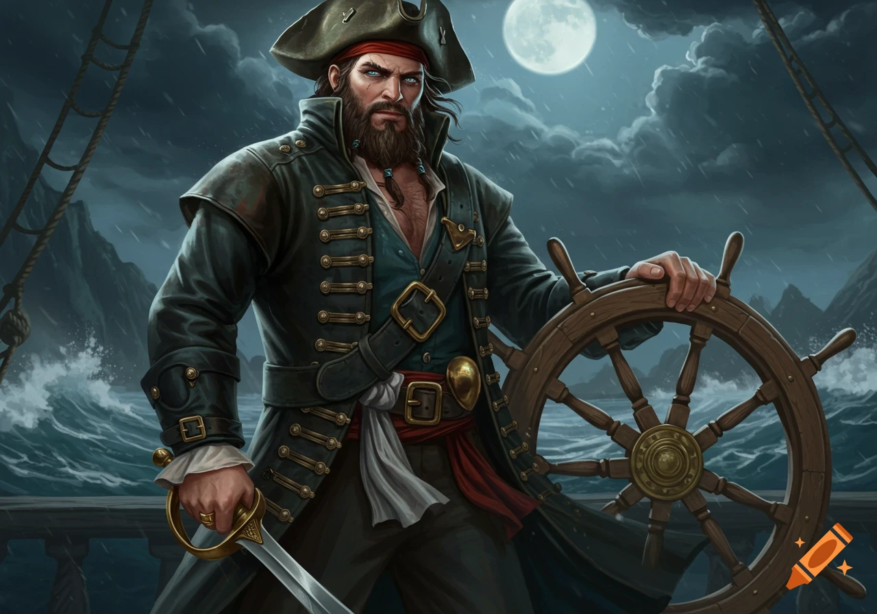 A detailed illustration of a pirate captain steering a ship in a storm ...