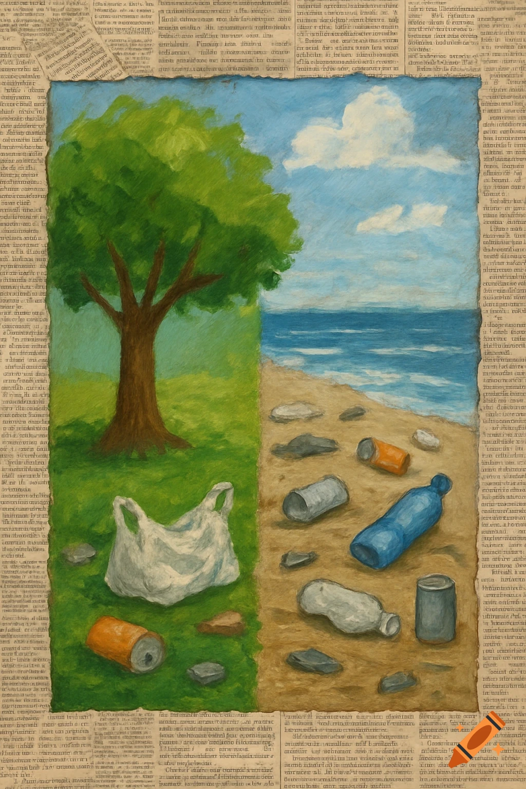 Collage drawing showing a tree on green grass next to a polluted beach ...
