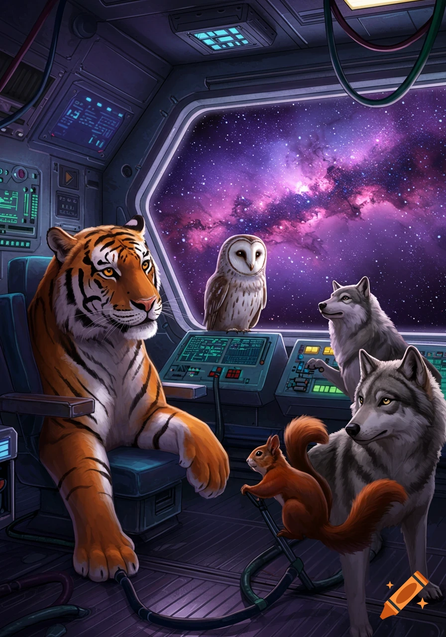 A tiger sits in a chair with an owl on a console next to it. Two wolves ...