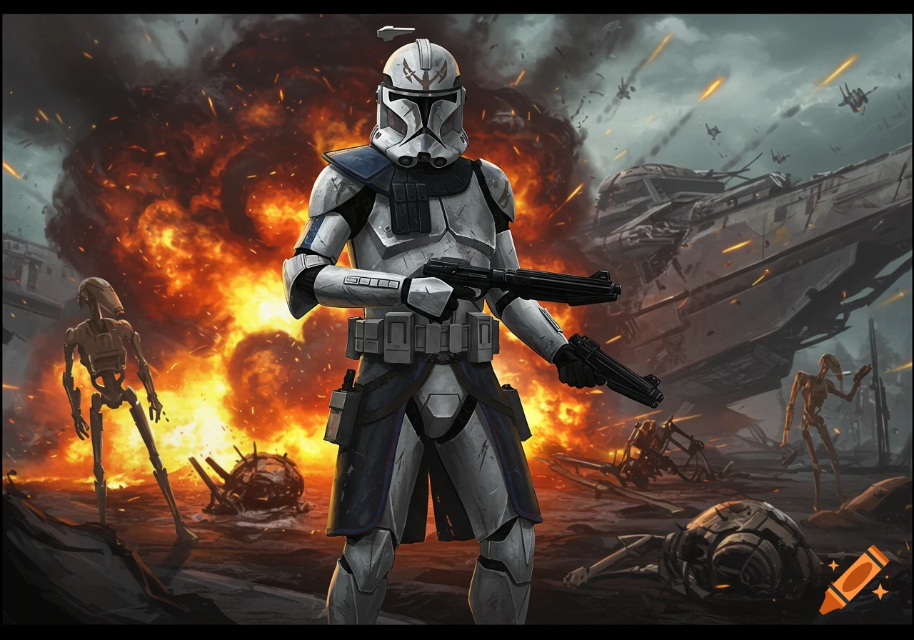 Star Wars Clone Trooper stands on a battleground with explosions and ...