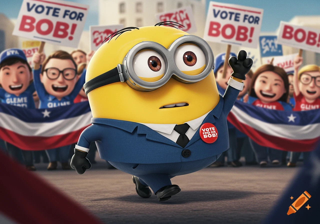 Bob the Minion in a suit runs, surrounded by supporters holding Vote ...