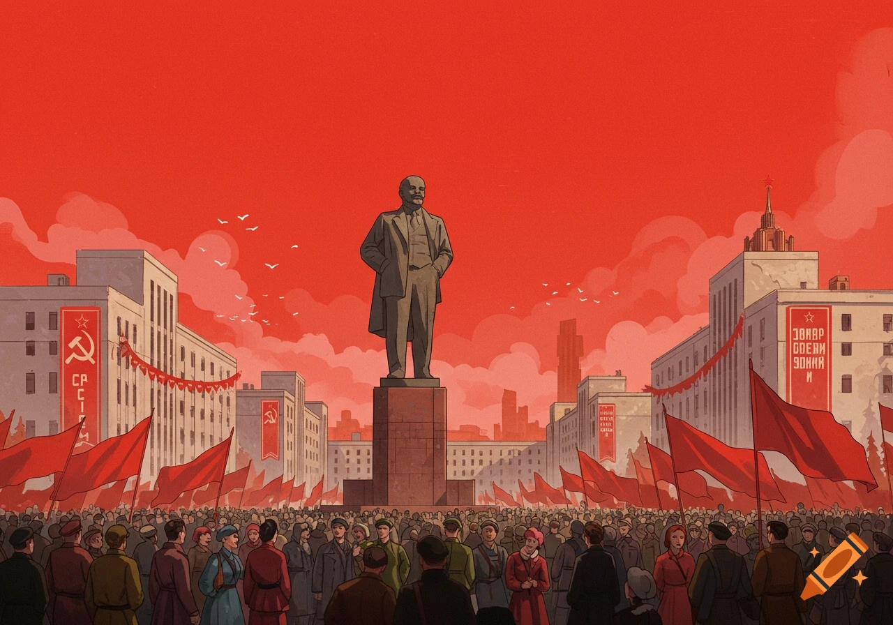 Stylized image of a large statue of Lenin standing over a vast crowd ...