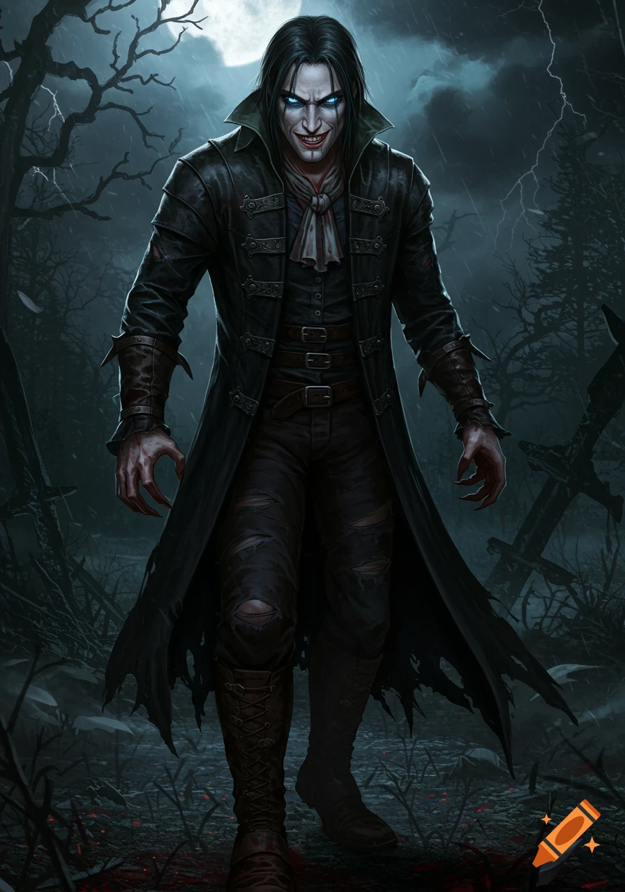 A monstrous figure with glowing eyes and fangs stands in a dark, stormy ...