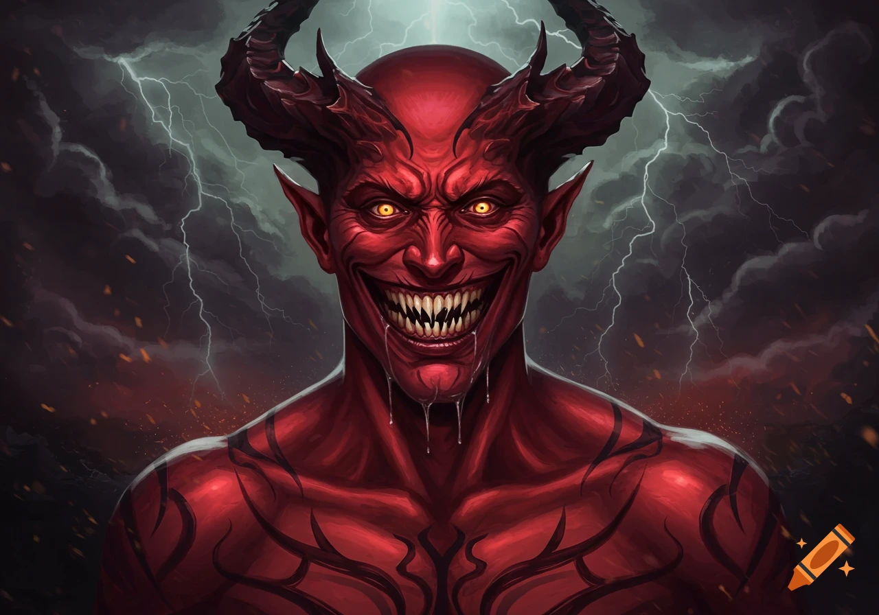 Close up of a red demon with horns, sharp teeth, glowing eyes, and ...