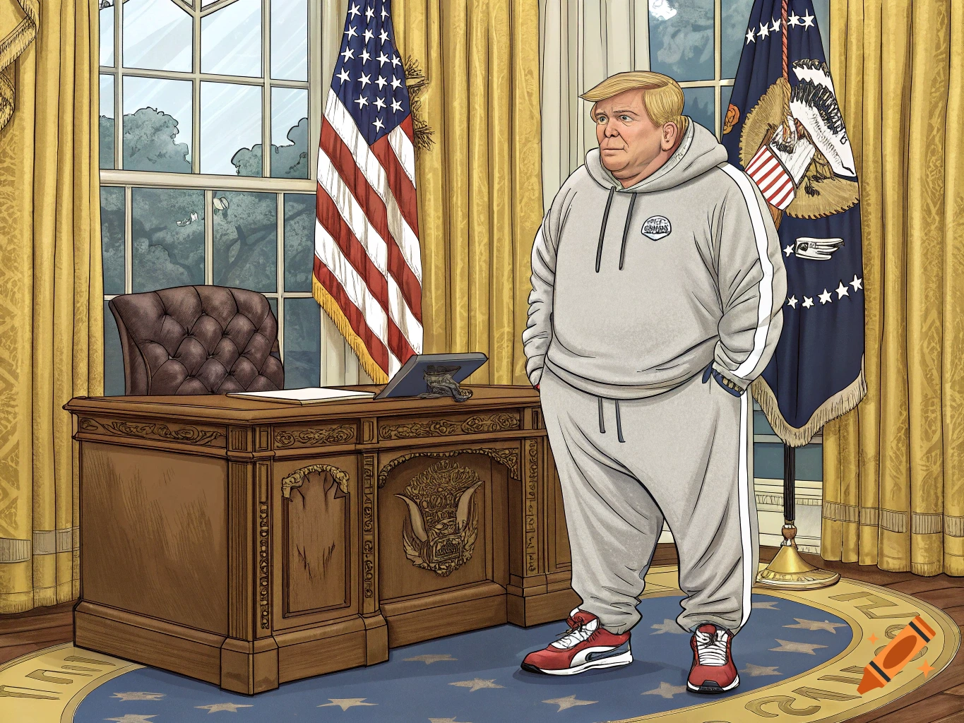 Cartoon of Trump in a grey sweat suit standing in the Oval Office. on ...