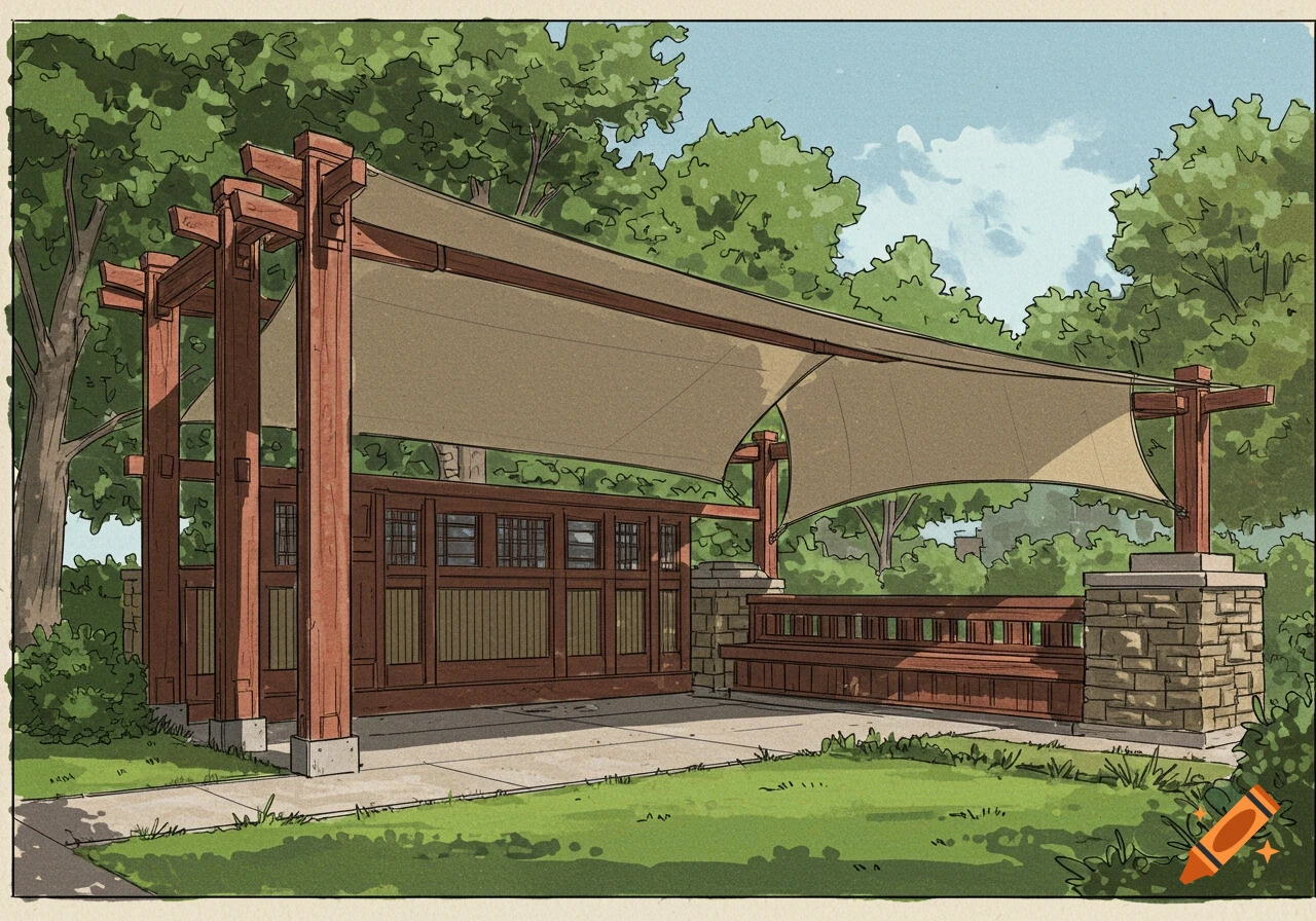 Sketch of a craftsman style shade structure with canvas and seating. on ...