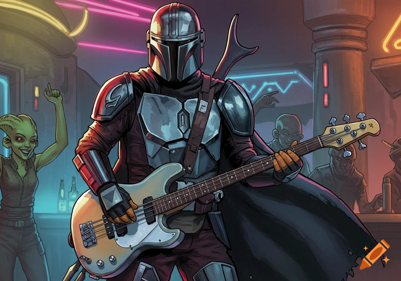 The Mandalorian plays bass guitar in a bar with aliens dancing. on Craiyon