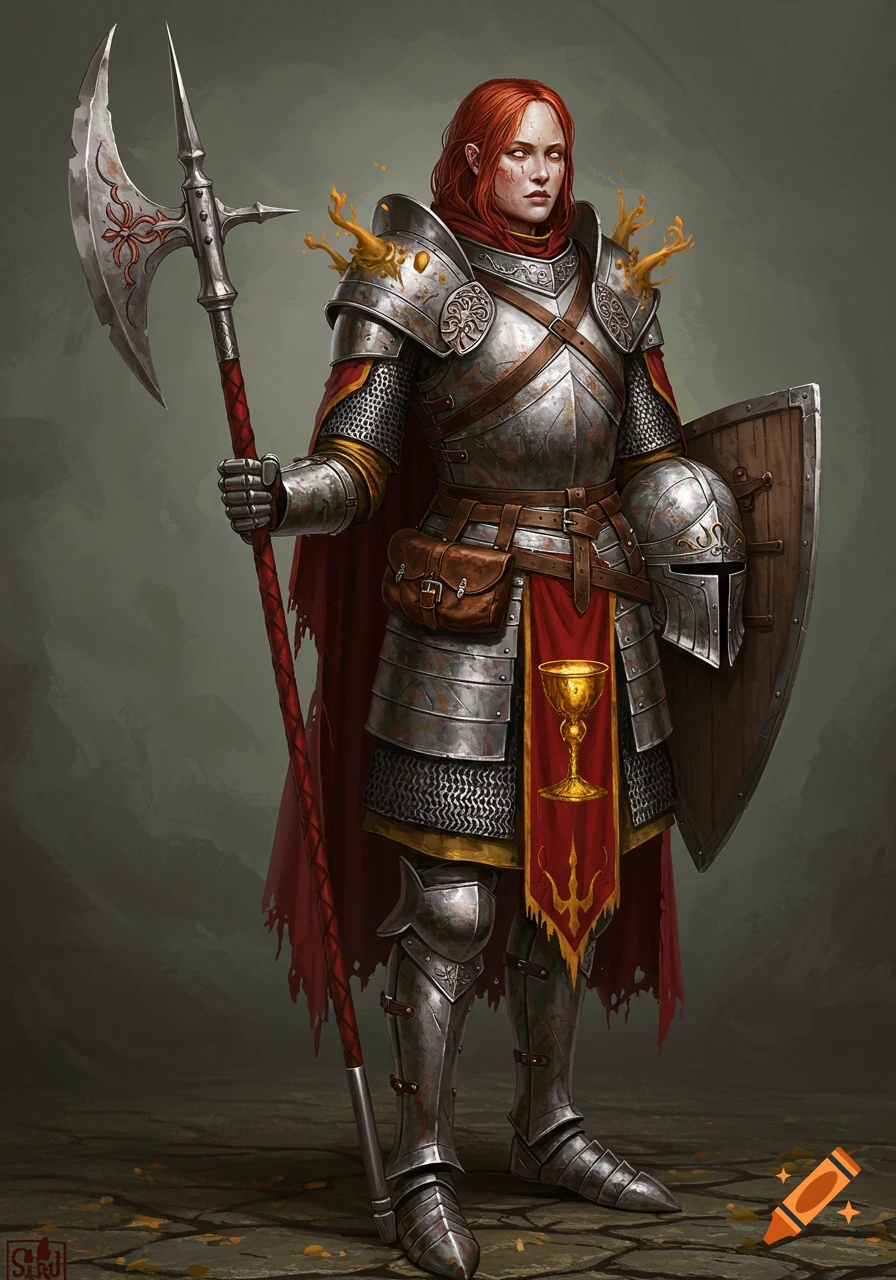 A paladin in silver plate mail with red trim stands holding a halberd ...
