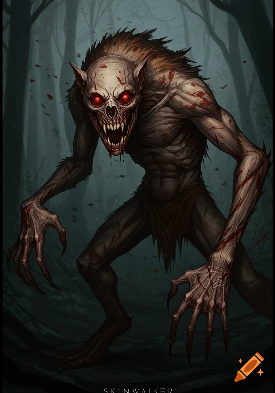 A gaunt, monstrous skinwalker creature with red eyes and bloodstains in ...