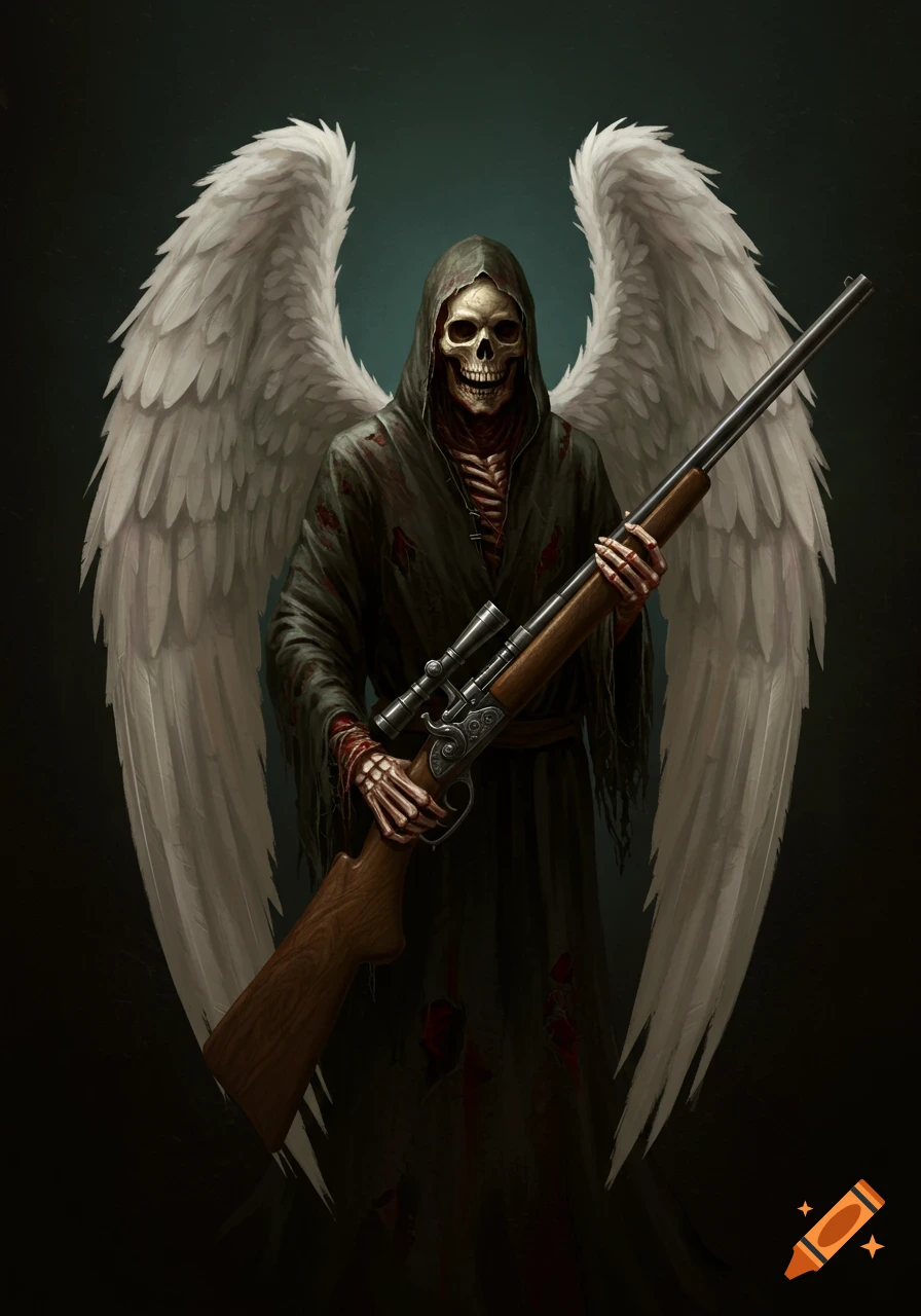 Illustration of a skeletal grim reaper with angel wings holding a rifle ...
