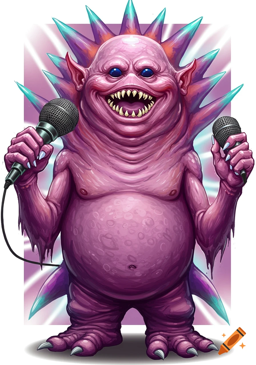 A purple monster with spiky head and large mouth full of teeth holds ...