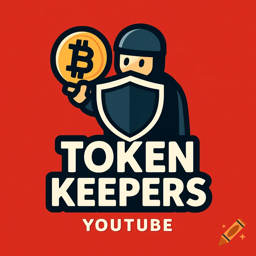 Logo with stylized figure holding bitcoin and shield, text 'TOKEN KEEPERS YOUTUBE' on Craiyon