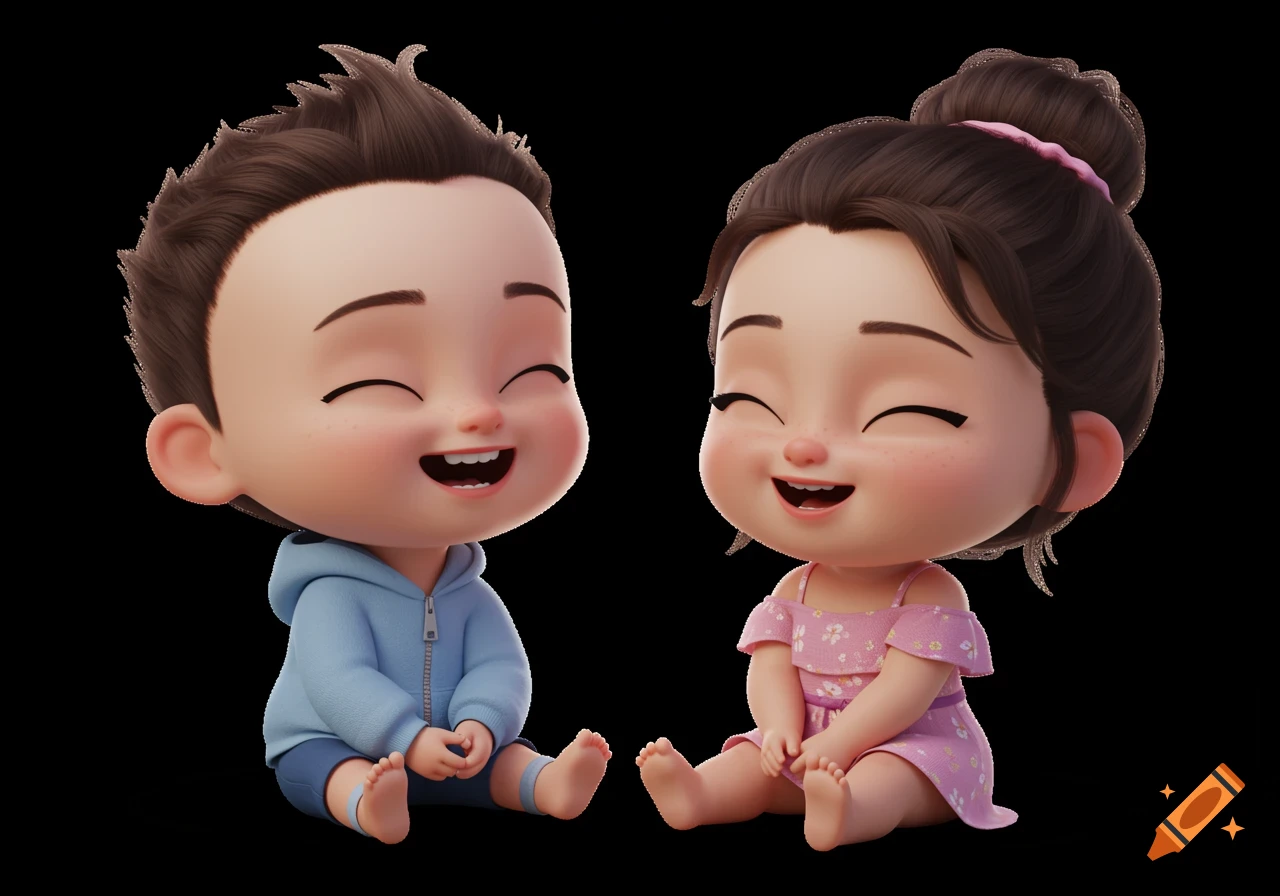 Two cute cartoon babies sit and smile. on Craiyon