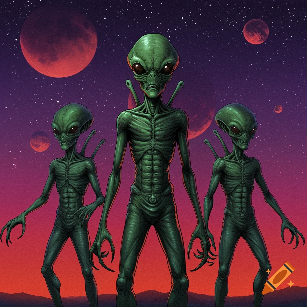 Illustration of three green aliens standing on an alien planet under a ...