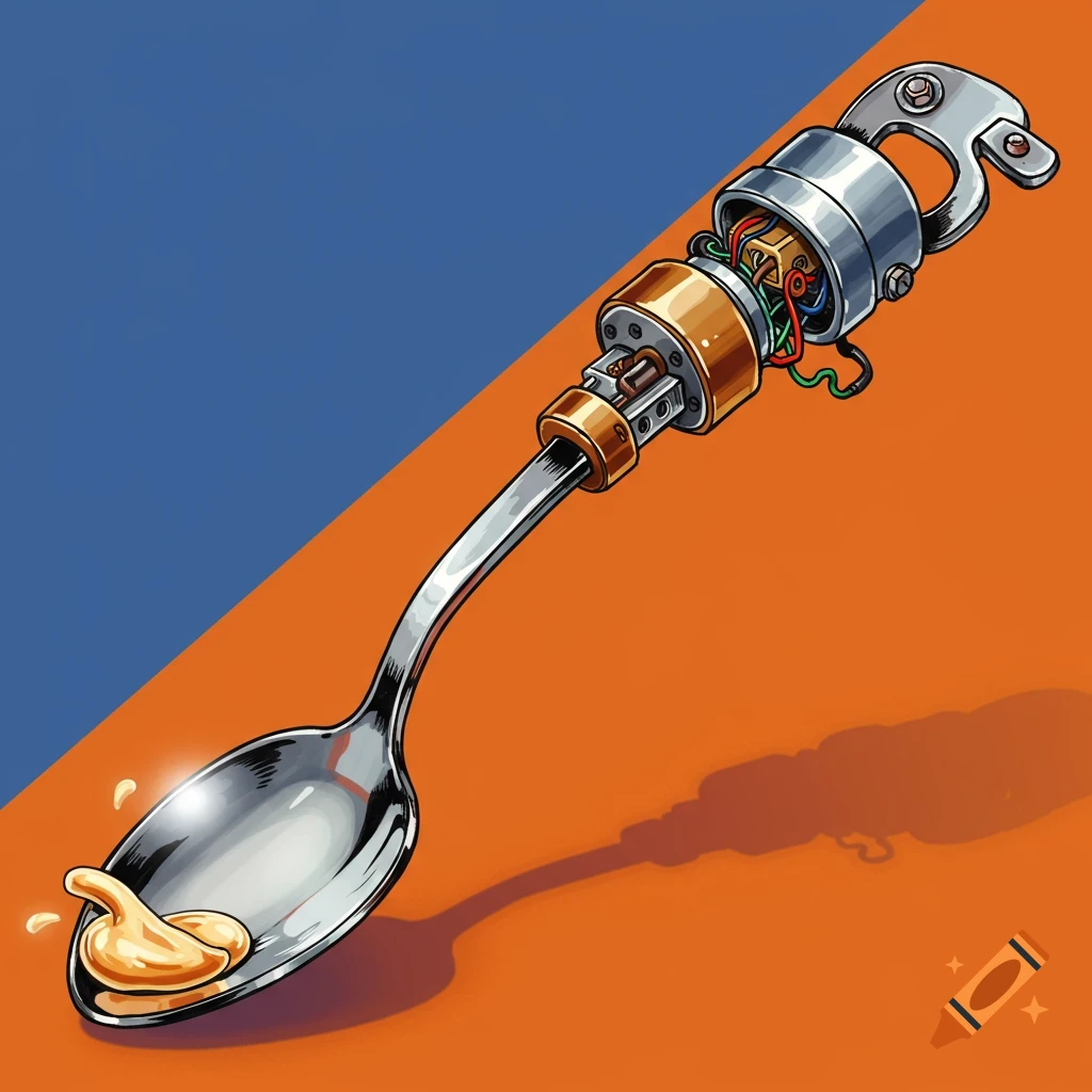 Illustration of a spoon with a motor and wires in the handle, holding a ...