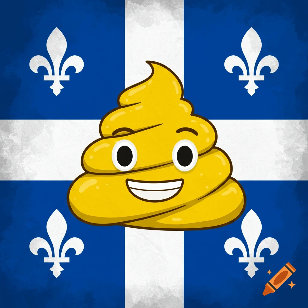 A yellow smiling poop emoji on the flag of Quebec. on Craiyon