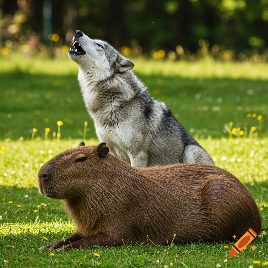 A gray wolf howling behind a capybara lying in a grassy field. on Craiyon