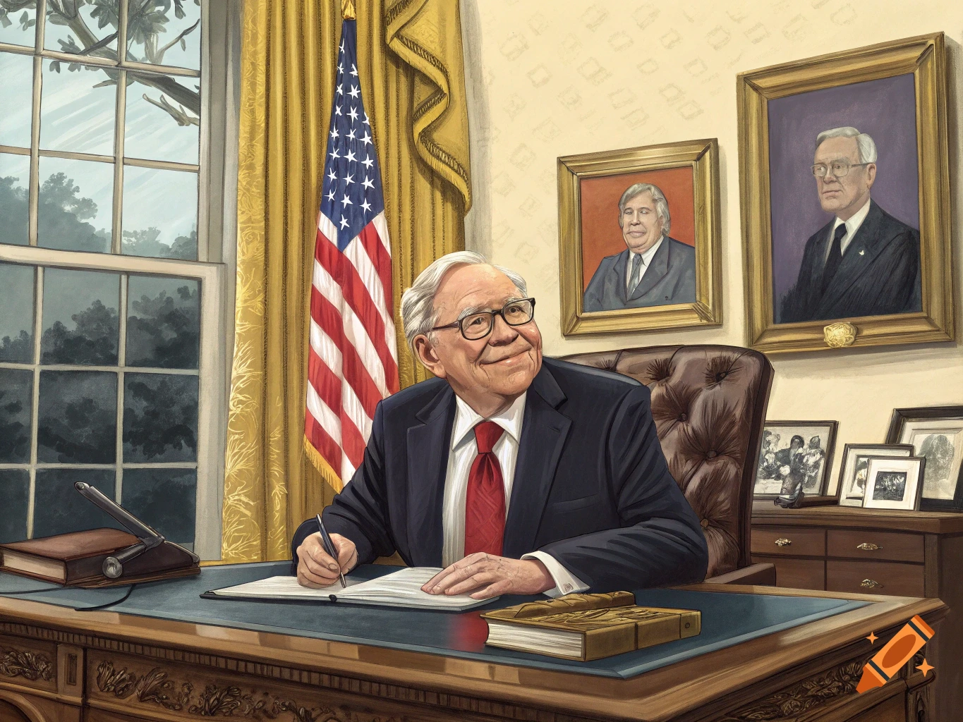 Warren Buffett, depicted as US President, signing a document at a large ...