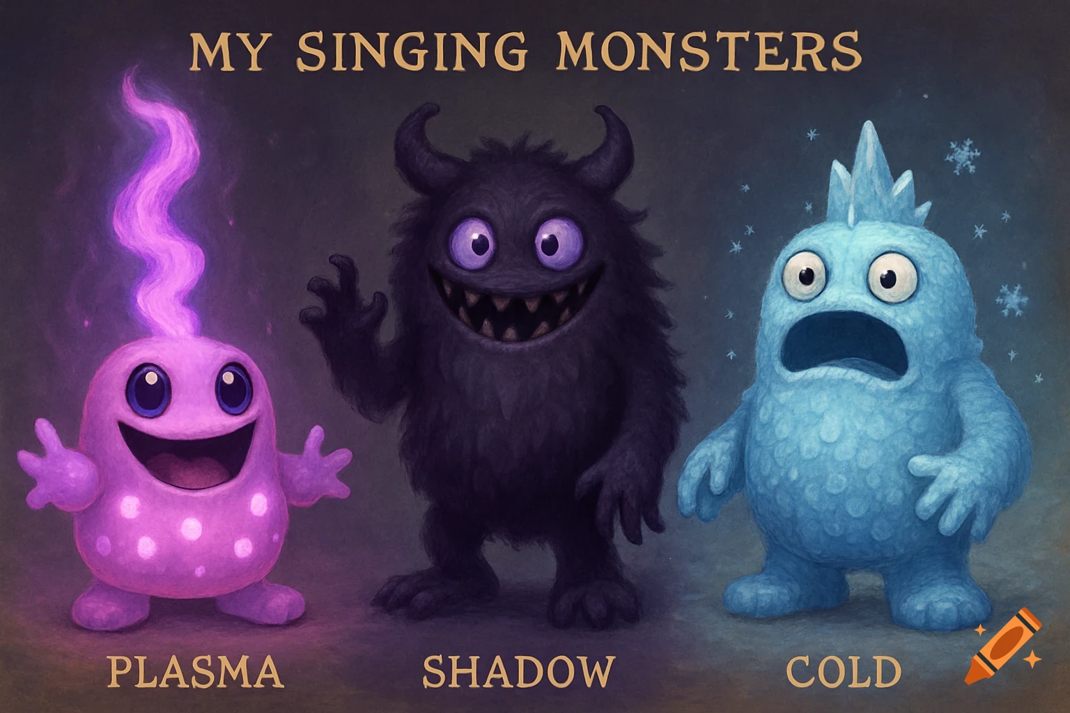 Three cartoon monsters labeled Plasma, Shadow, and Cold with the title My Singing Monsters above ...