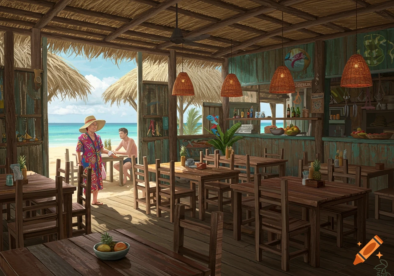 Illustrative view from inside a rustic beach restaurant looking out at ...
