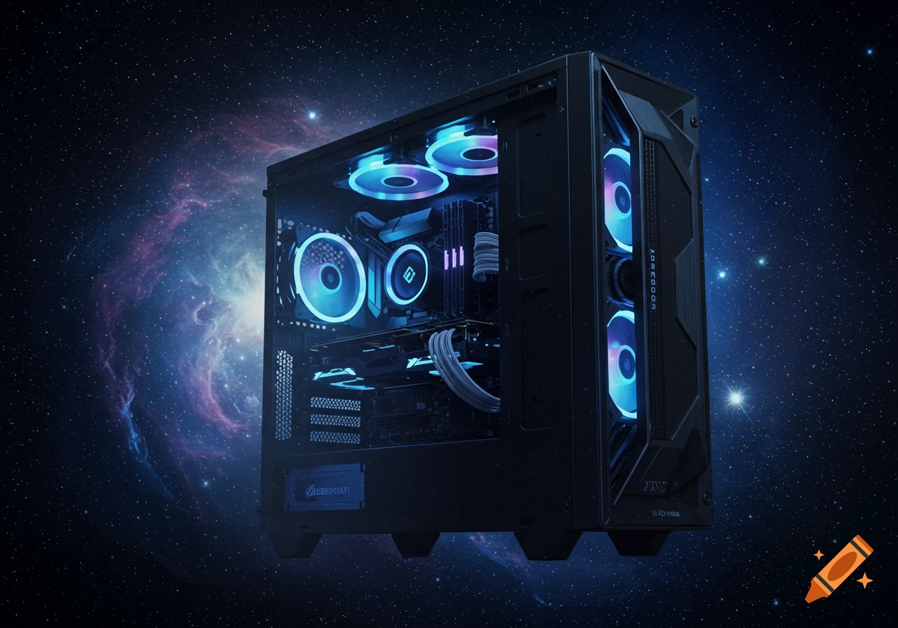 A gaming PC with blue internal lights floating in space against a ...
