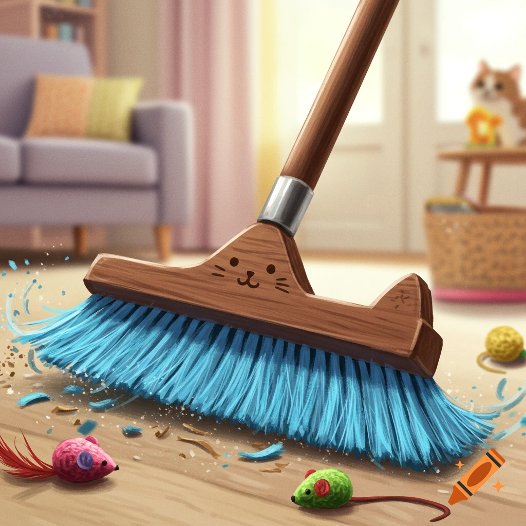 Cartoon illustration of a cat-faced broom sweeping cat toys and debris on a wooden floor in a ...