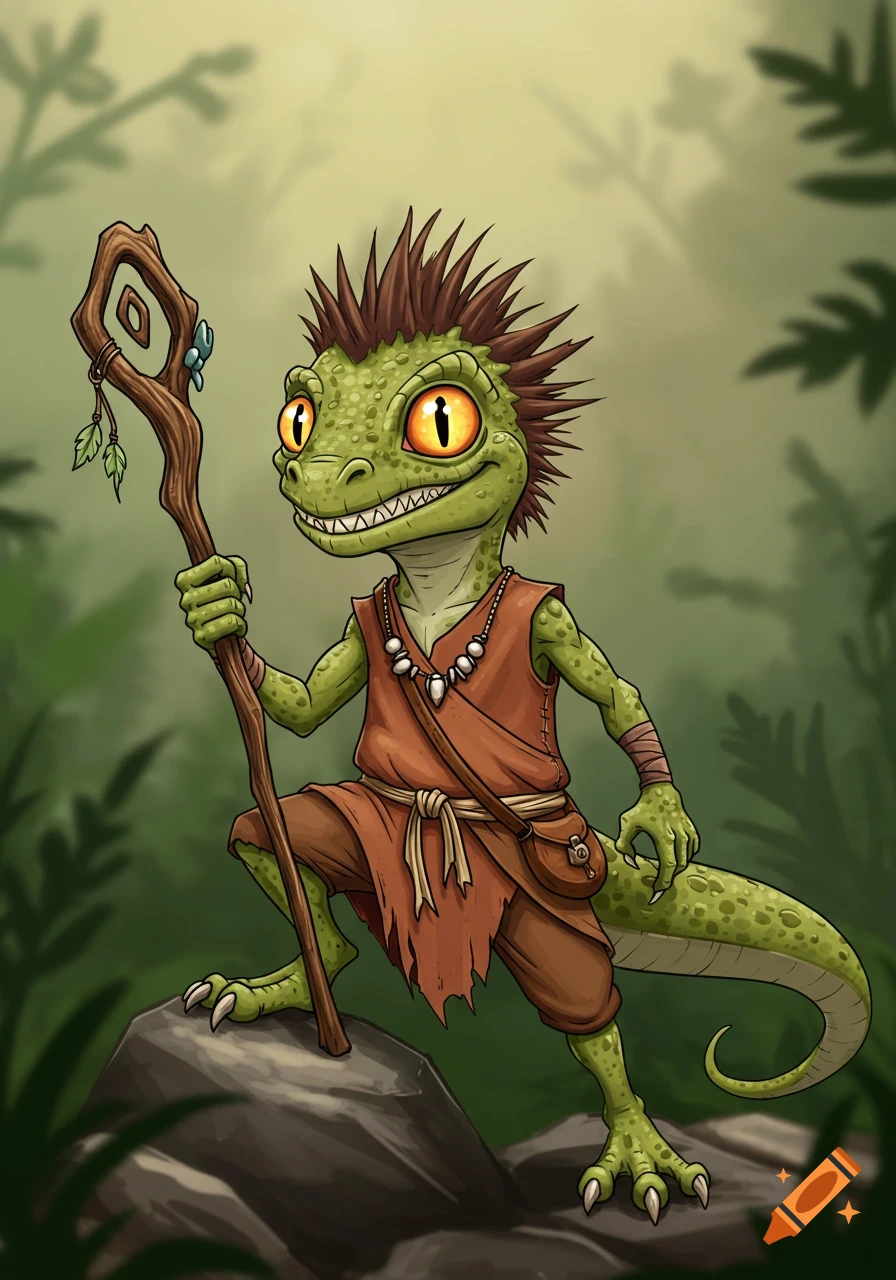 A cartoon lizard creature with spiky hair holds a staff in a jungle. on ...