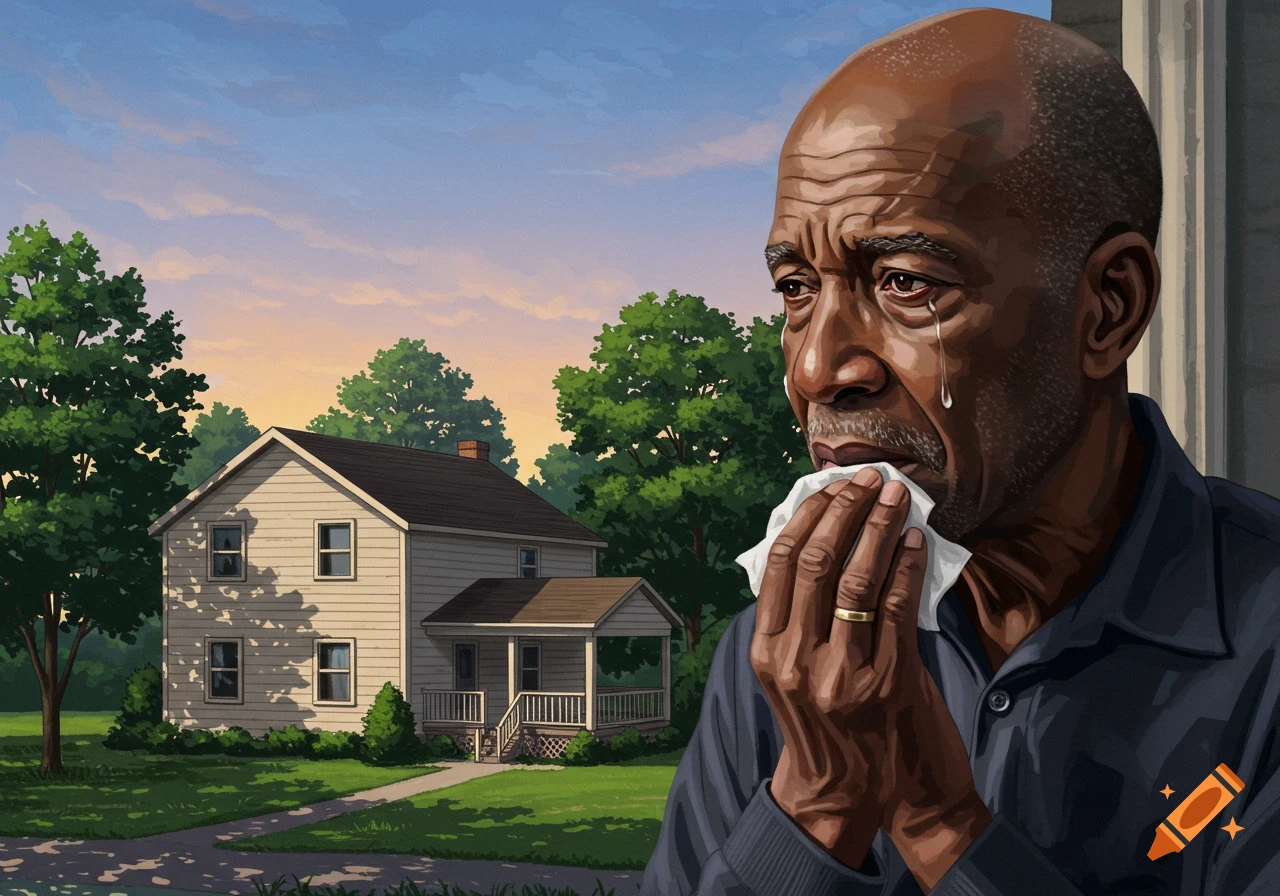 Illustration of an old African American man crying into a tissue, with ...