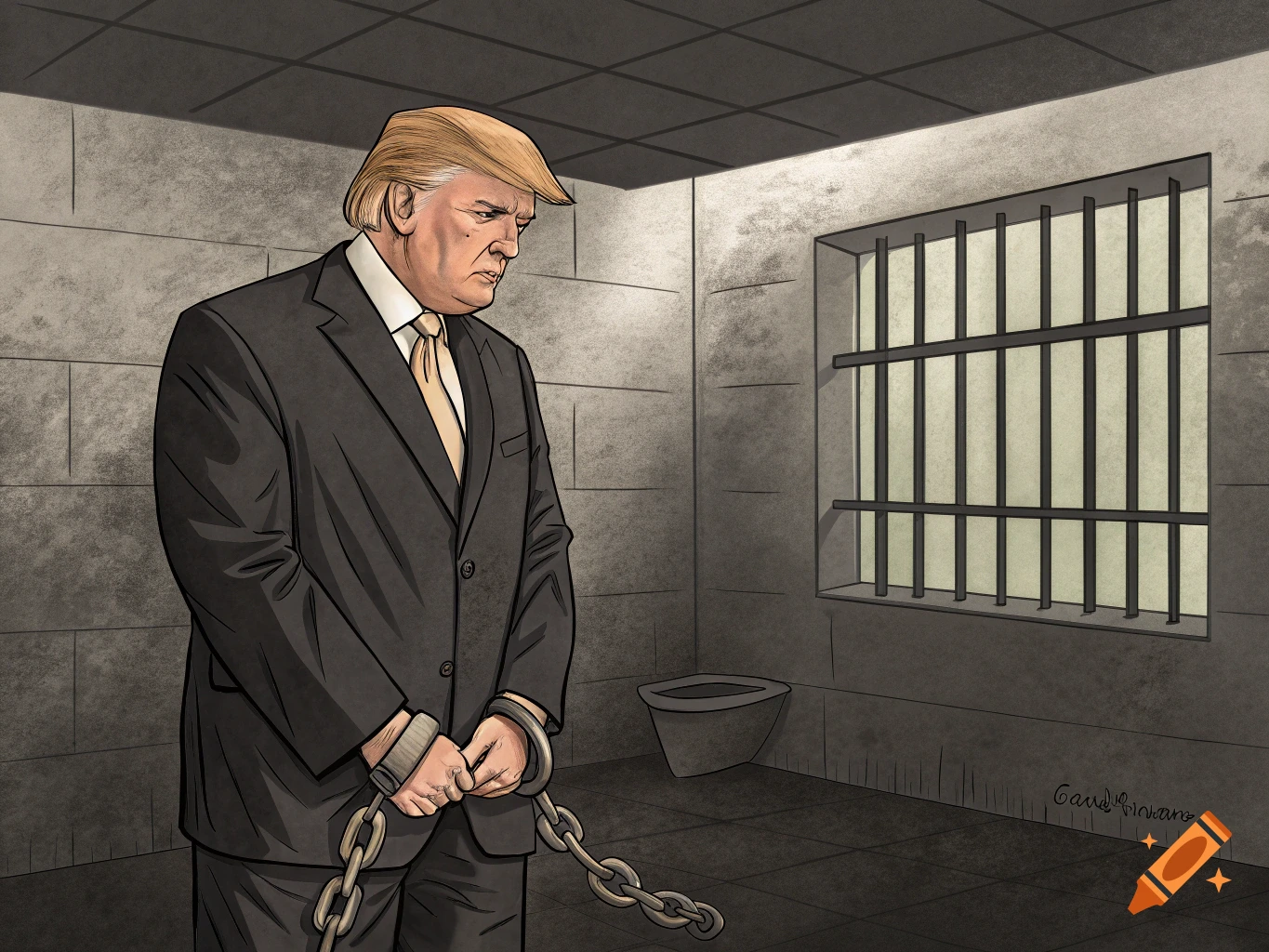 Illustration of a person resembling Trump chained in a prison cell. on ...