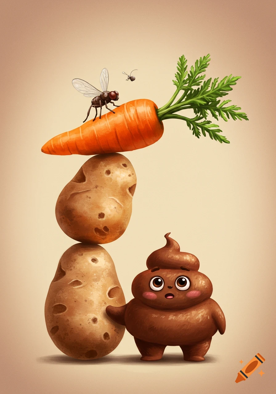 Cartoon poo character holding stacked potatoes and a carrot with a fly ...