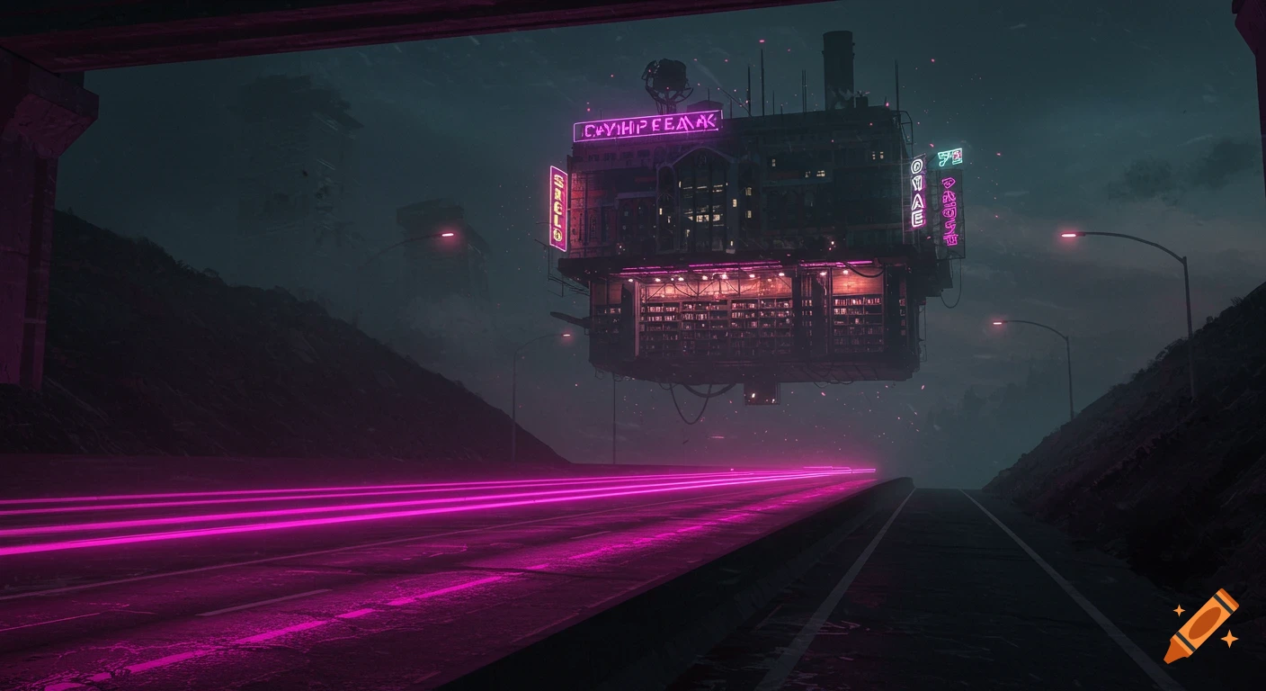 Cyberpunk highway leading to a floating building with neon signs and ...