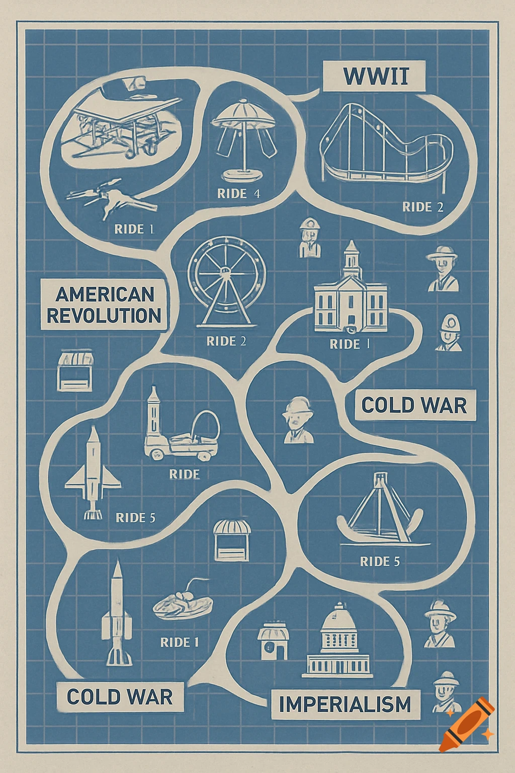A blueprint diagram of a historical theme park with rides, buildings ...