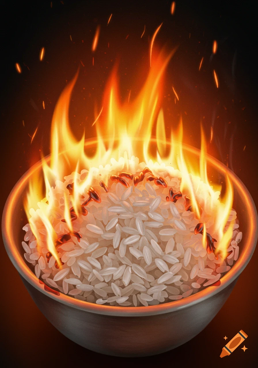 A bowl of rice is engulfed in flames. on Craiyon