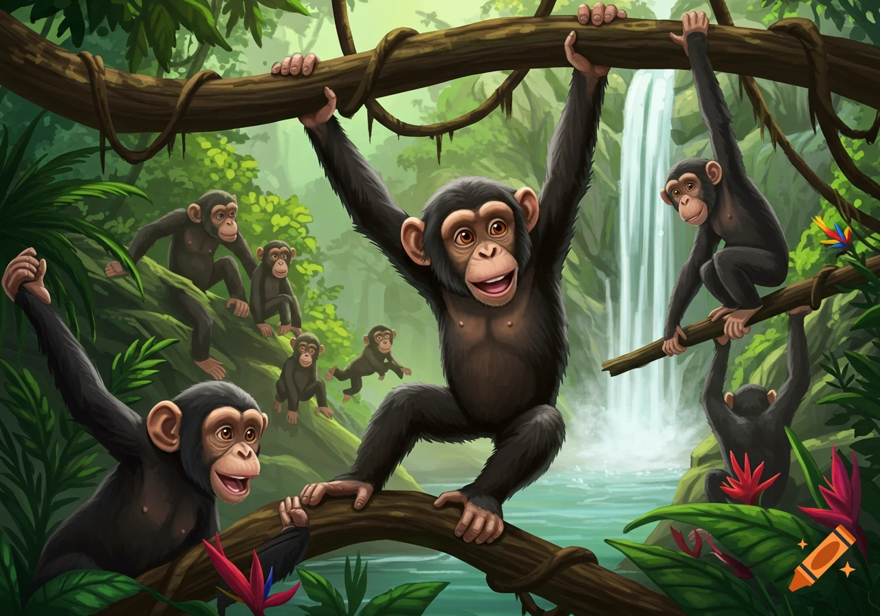 Cartoon chimpanzees playing in a jungle with a waterfall, swinging on ...