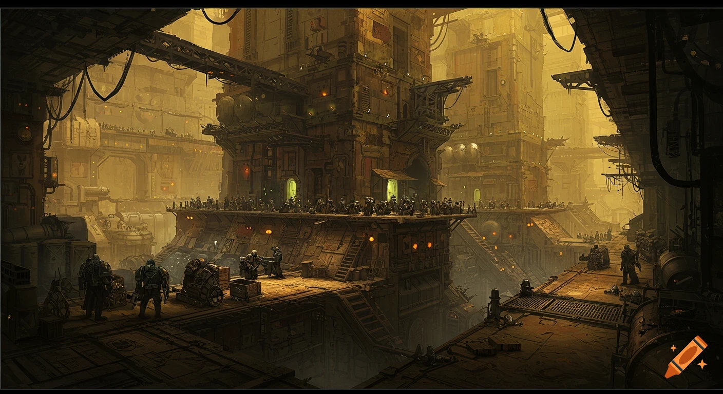A sprawling grimdark underground hive city with platforms, pipes, and ...