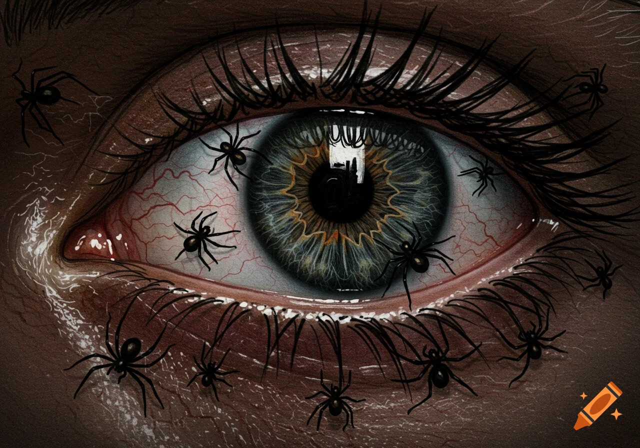 A drawing of a human eye with spiders crawling on it. on Craiyon