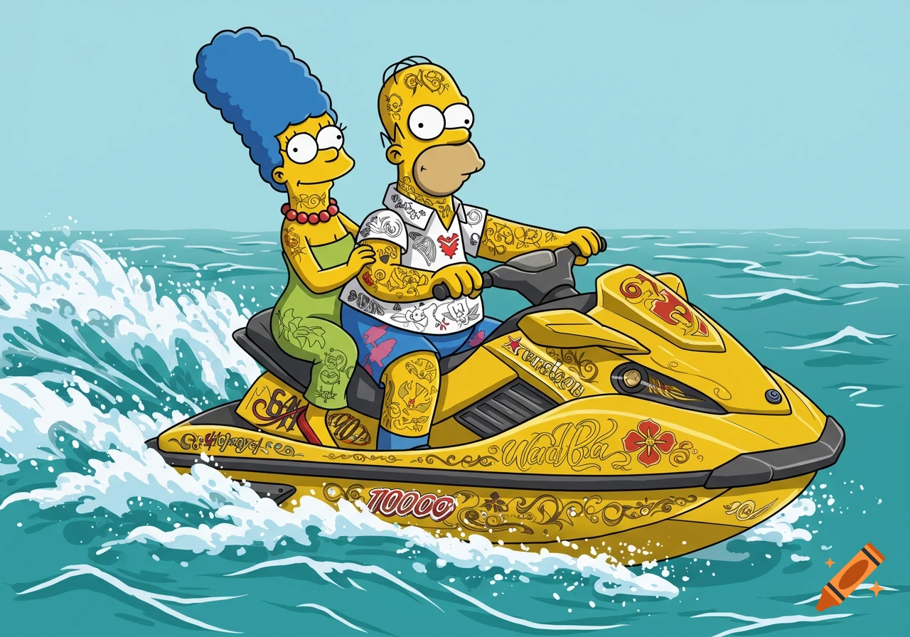 Tattooed Homer and Marge Simpson ride a yellow jetski on the ocean in a ...