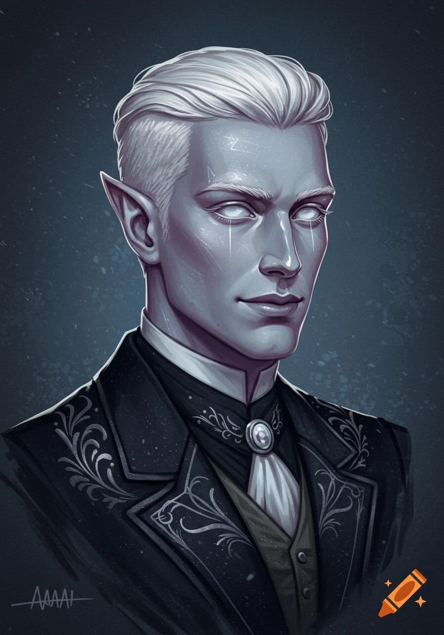 Portrait of a male fantasy character with pale skin, pointed ears ...