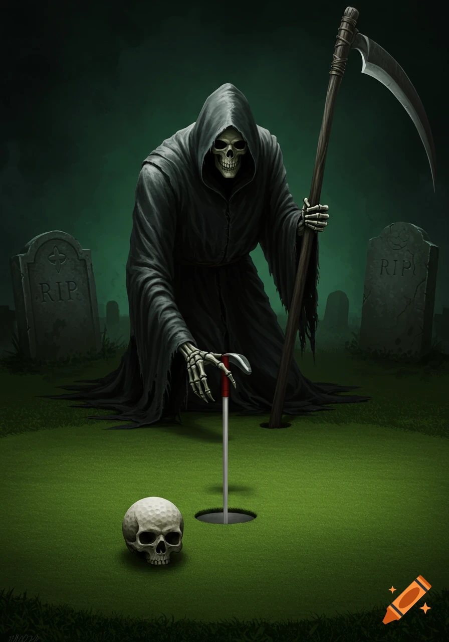 Grim Reaper puts a skull golf ball in a graveyard setting. on Craiyon