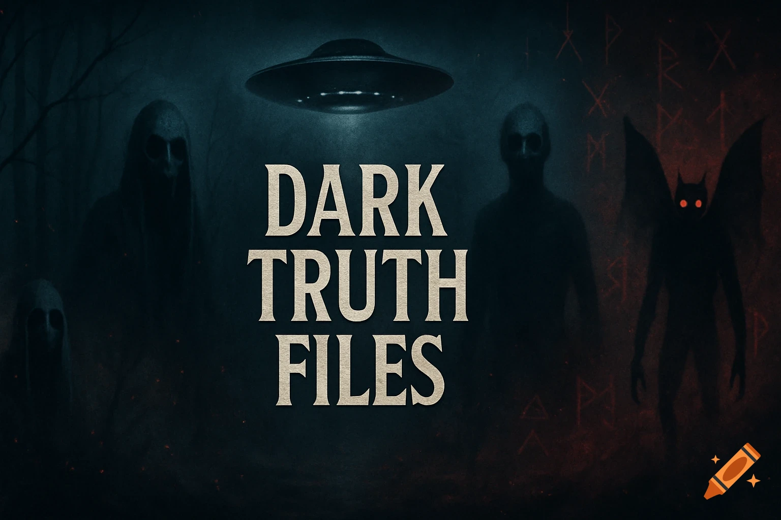 Dark cinematic banner with text 'Dark Truth Files', shadowy figures ...